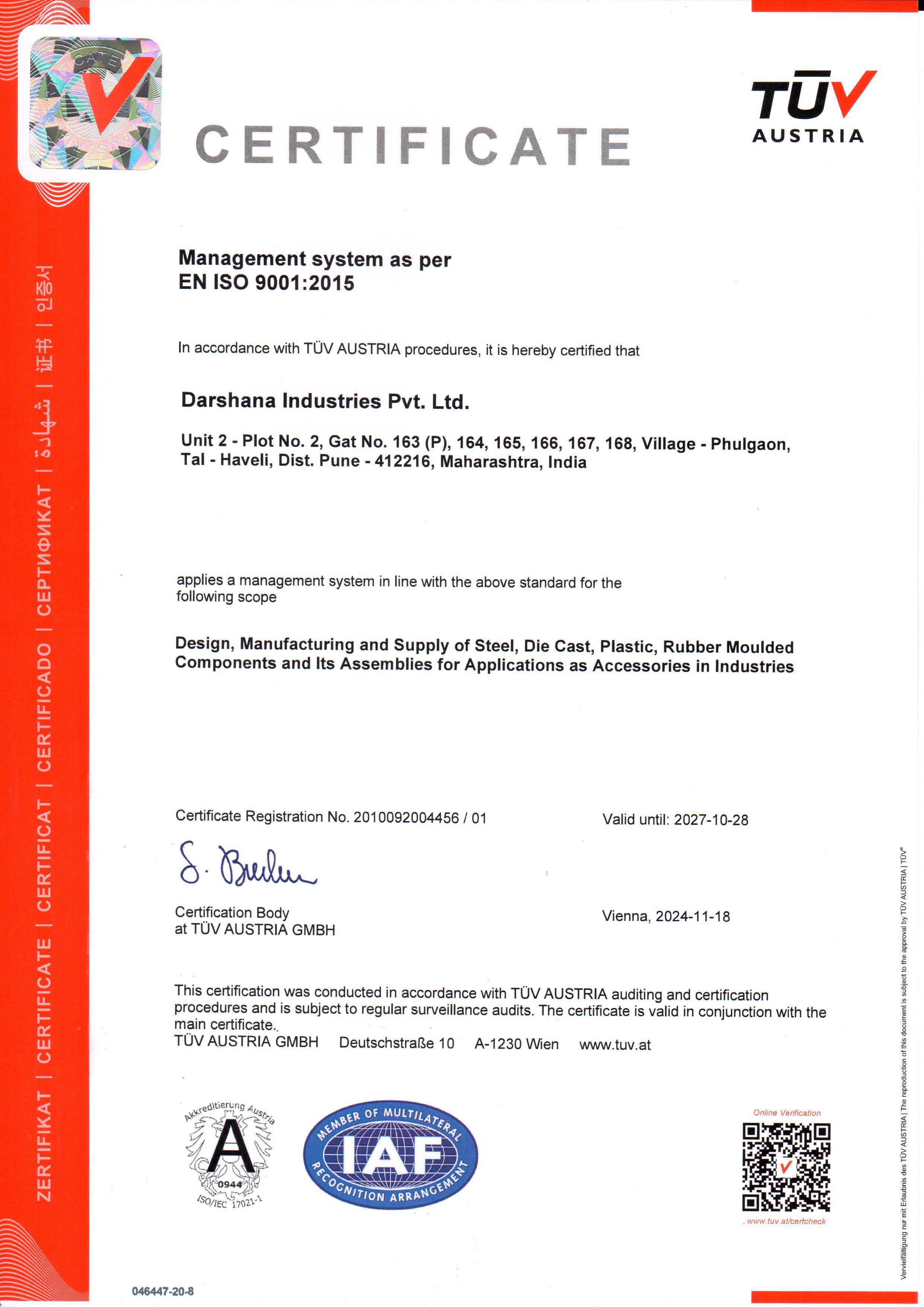 Certifications and Quality | Darshana Industries